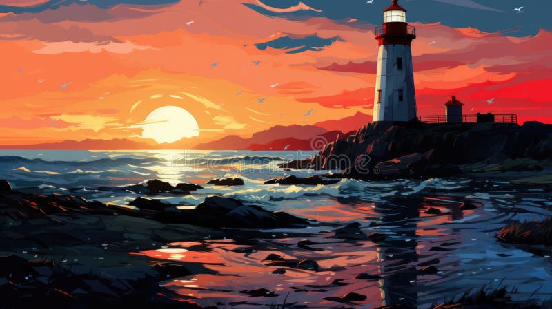 A Painting of a Lighthouse at Sunset, AI Stock Illustration ...