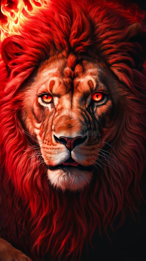Painting of Lion with Red Eyes and Red Mane. Generative AI Stock Photo ...