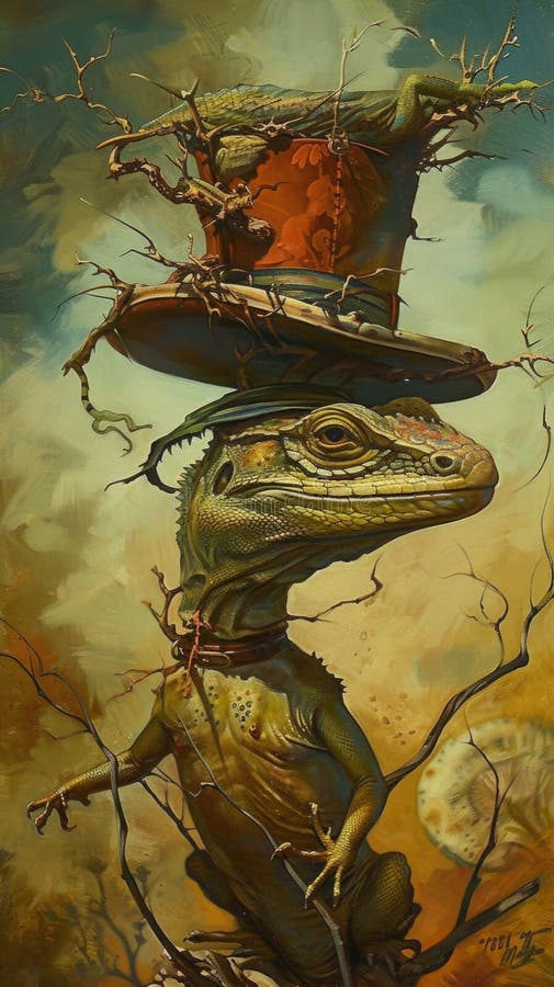 A Painting of a Lizard Wearing a Top Hat, Surreal Illustration with ...