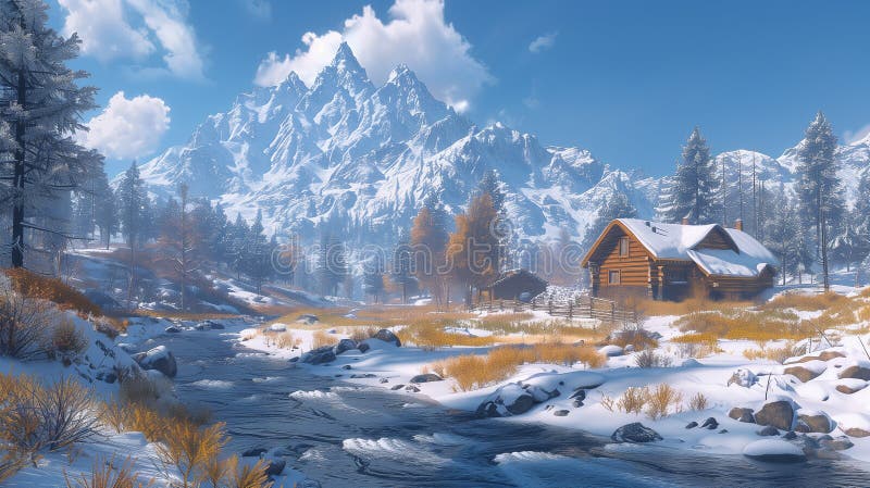 Painting, Log Cabin, Mountains, Snow on Ground Stock Illustration ...