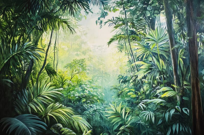 Painting of a Lush, Green Jungle Landscape. Stock Image - Image of ...