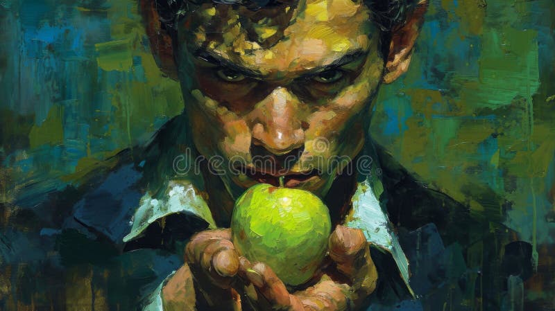 A Painting of a Man Biting into an Apple while Looking at the Camera ...