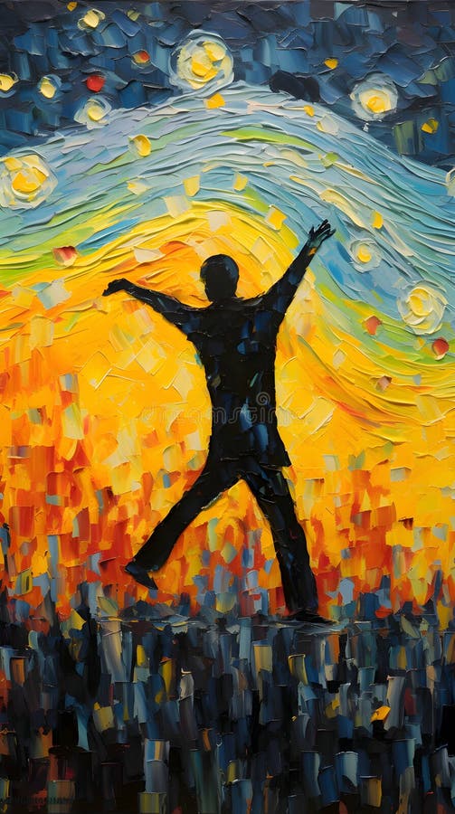 Painting of a Man with His Hands Up on the Background of the Sun Stock ... Painting of a Man with His Hands Up on the Background of the Sun Stock ...