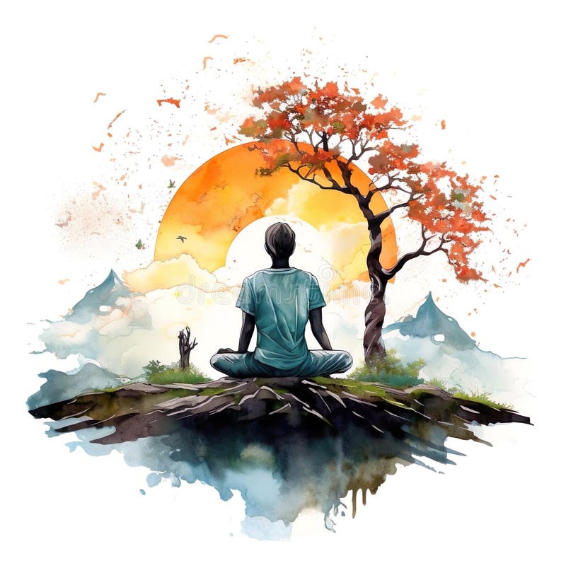 Painting of Man Meditating Sits with View of a Mountain with a Tree and ...