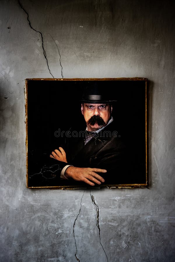 A Painting of a Man with a Mustache Hangs on a Broken Wall Stock Image ...