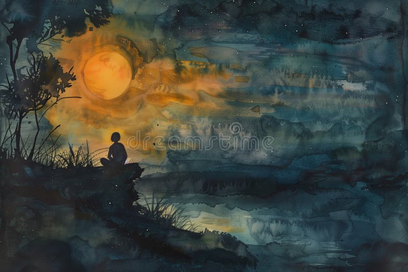 Painting of a Man Sitting in Moonlight by the Water S Edge at Night, AI ...