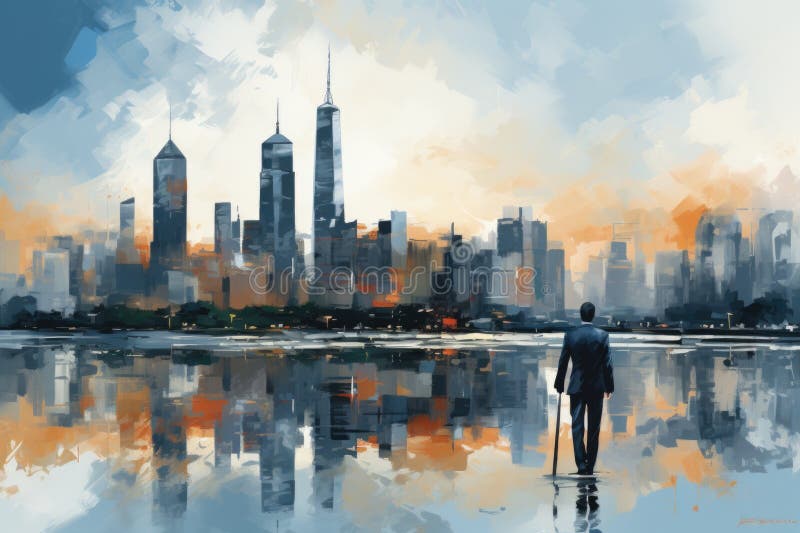 A Painting of a Man Standing in Front of a City, AI Stock Illustration ...