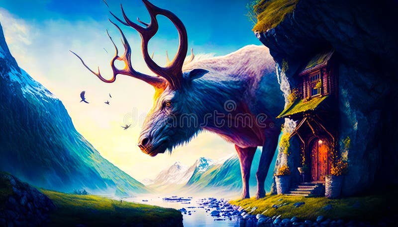 Painting of Man Standing in Front of Deer. Fantasy Stock Illustration ...