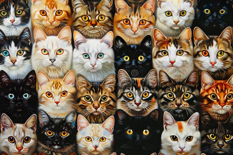 A Painting of Many Cats with Their Eyes Open Stock Photo - Image of ...