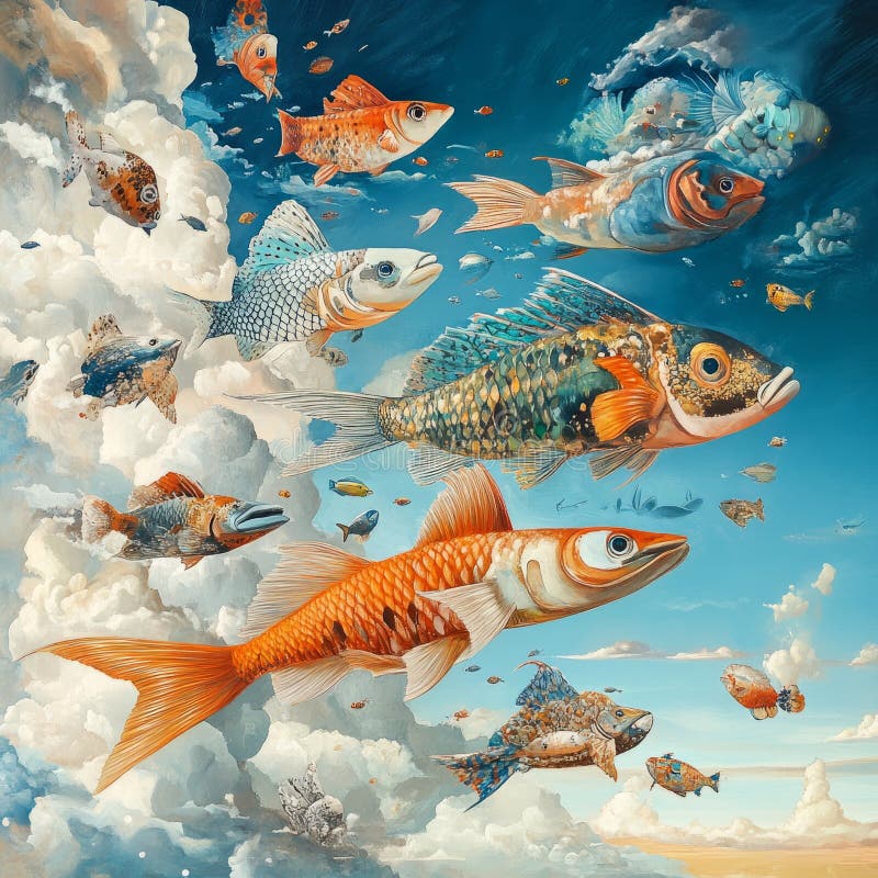 A Painting of Many Fish in the Sky Stock Illustration - Illustration of ...