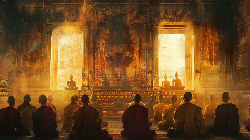 The Painting of Monk Praying in the Temple Stock Illustration ...
