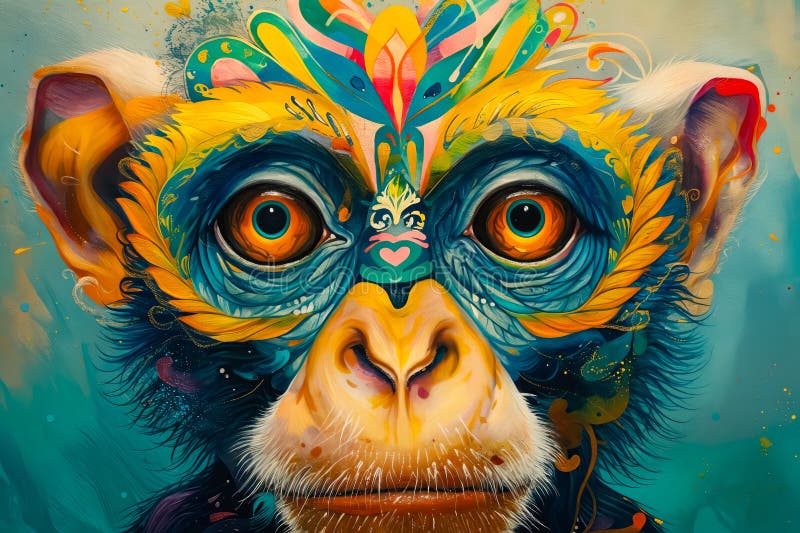 A Painting of a Monkey with a Colorful Headdress on Its Head ...