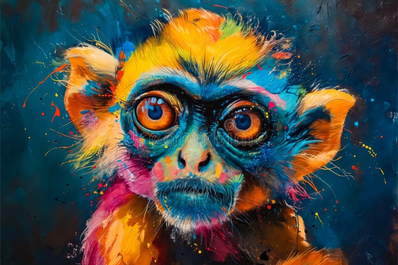 A Painting of a Monkey with Colorful Paint Splatters on it S Face ...