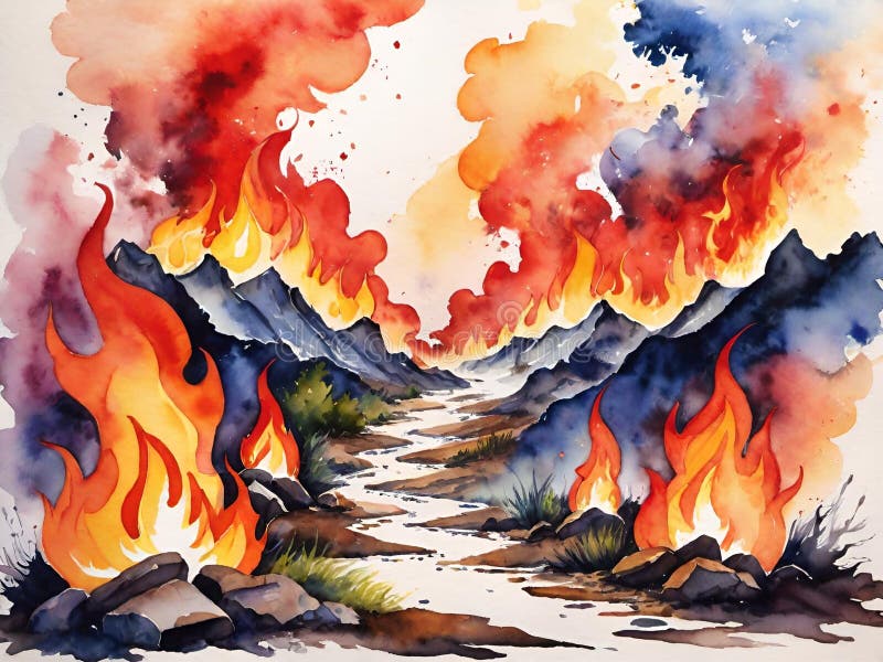 A Painting of a Mountain with a Fire Stock Illustration - Illustration ...