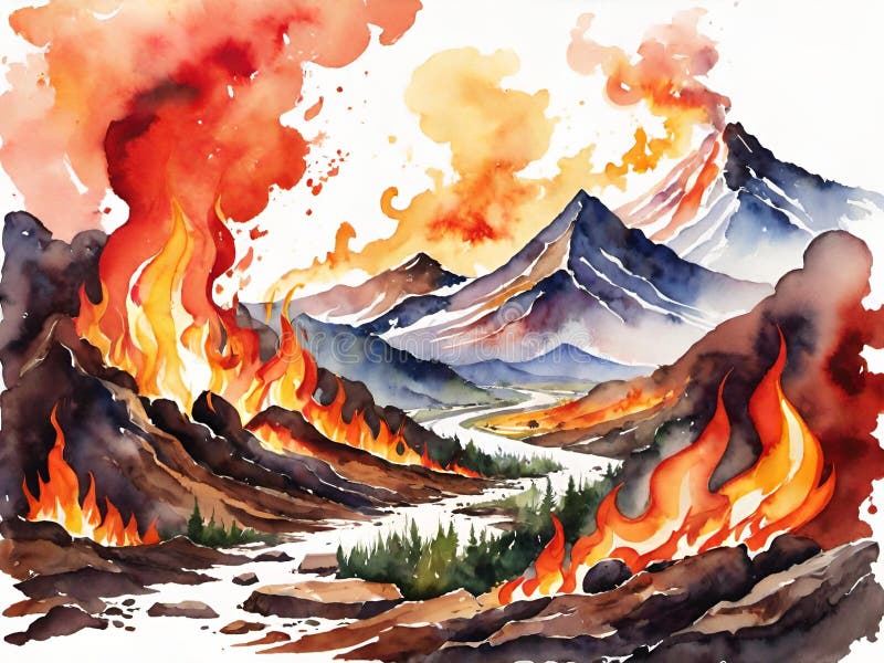 A Painting of a Mountain with a Fire Stock Illustration - Illustration ...