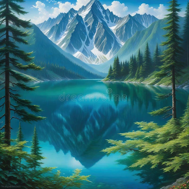 Painting of Mountain Lake Surrounded by Trees Stock Illustration ...