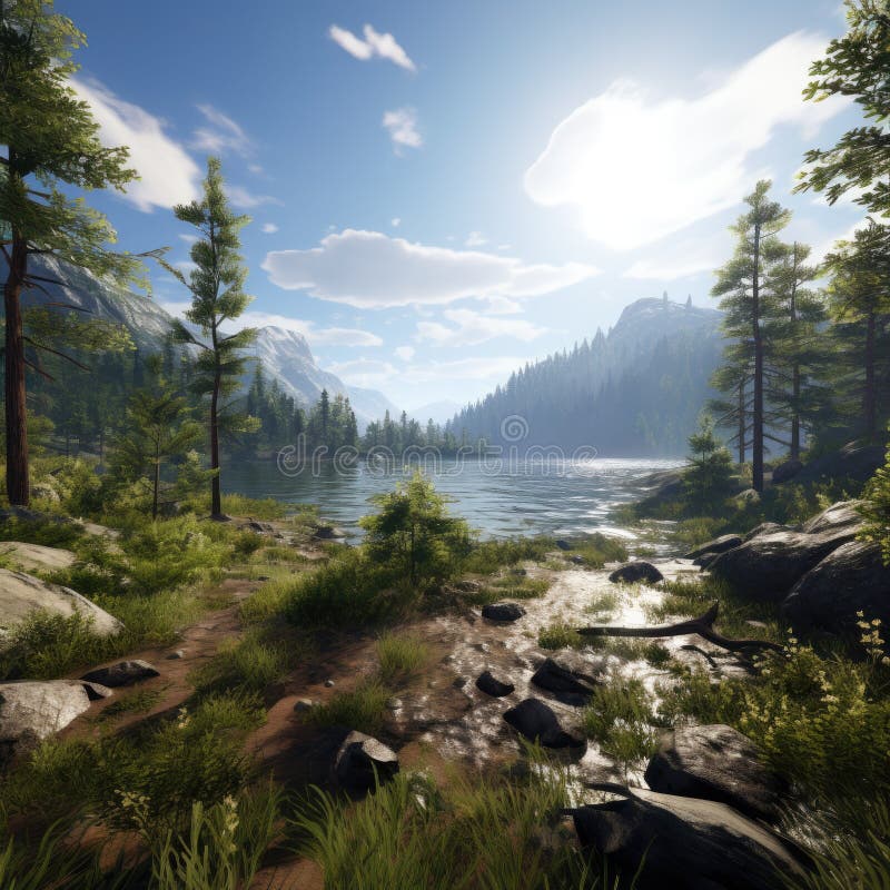 A Painting of a Mountain Lake Surrounded by Trees and Rocks. Generative ...