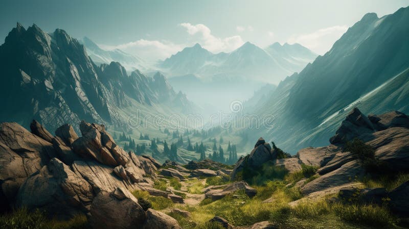 A Painting of a Mountain Landscape with Rocks, Grass, and Trees Stock ...