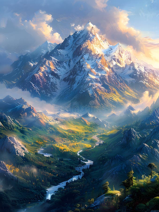 A Painting of a Mountain Range with a River Running through it Stock ...