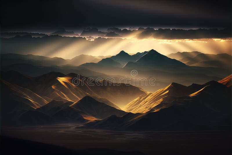 A Painting of a Mountain Range with Sun Rays Coming through the Clouds ...