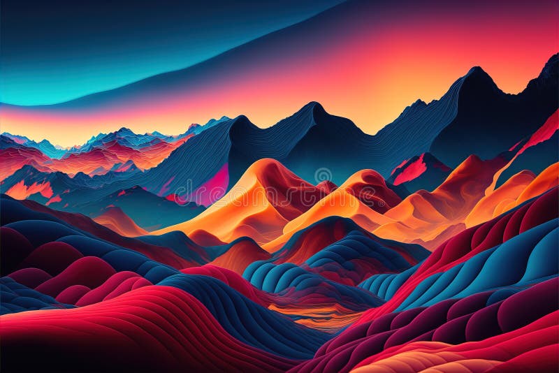 A Painting of a Mountain Range with a Sunset in the Background and a ...