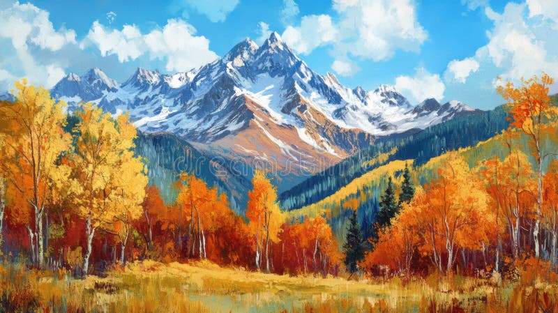 A Painting of a Mountain Range with Trees and Grass, AI Stock Image ...