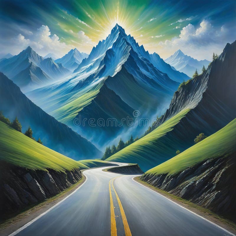 Painting of Mountain Scene with Road Going Stock Illustration ...