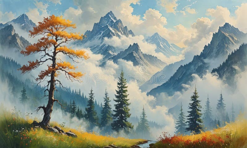 Painting Mountain Scene with Tree and Mountains Stock Illustration ...