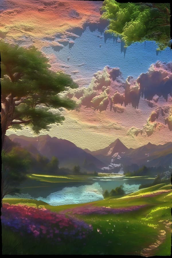 A Painting of a Mountain with Trees and Clouds, a Raytraced Image ...
