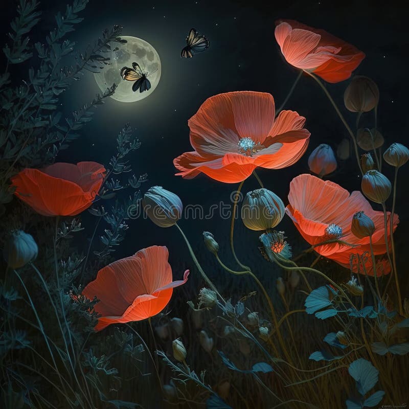 A Painting of a Night Scene with a Full Moon and Flowers Stock ...