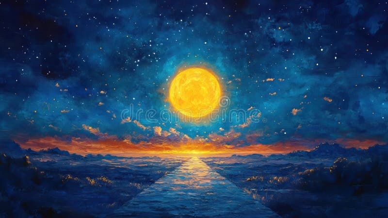 A Painting of the Night Sky with a Large Yellow Sun in the Middle Stock ...