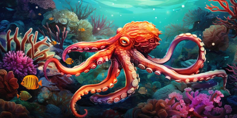 A Painting of an Octopus in a Coral Reef Stock Illustration ...