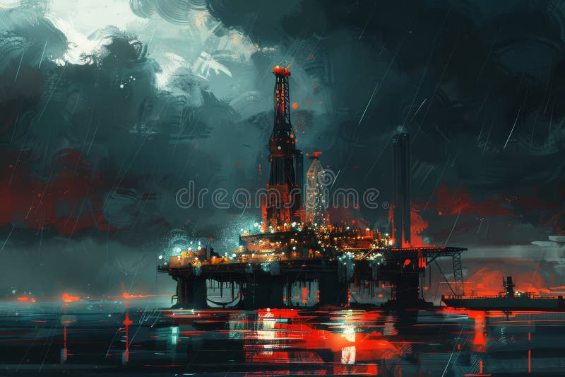 A Painting of an Oil Rig Standing Tall Under Heavy Rain, with Dramatic ...