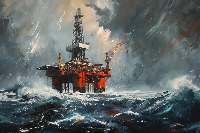 Painting of Oil Rig on Tempestuous Sea. Generative AI. Stock ...