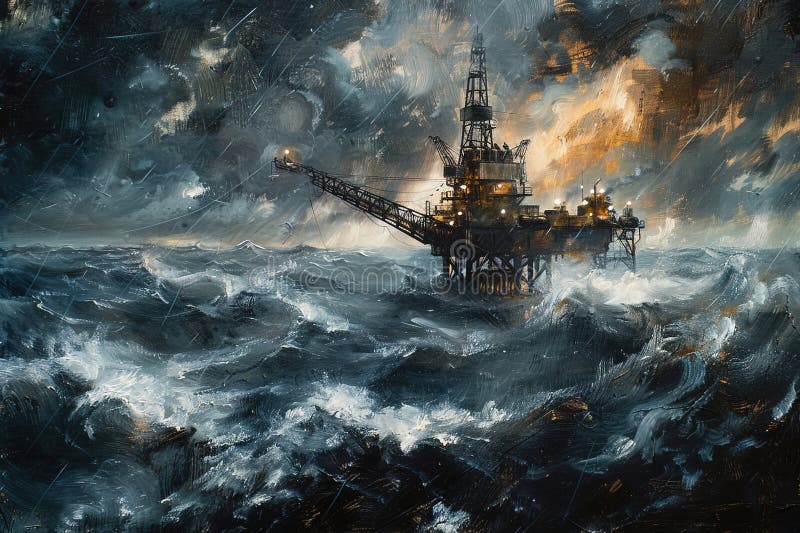 Painting of Oil Rig on Tempestuous Sea. Generative AI. Stock ...