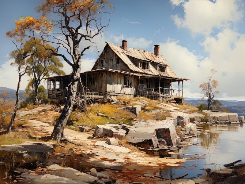 Painting of an Old Abandoned Ranch on the Side of a River Stock ...
