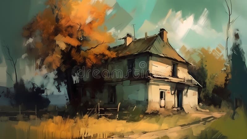 Painting of an Old House in the Farm. Multicolored Expressionism Style ...