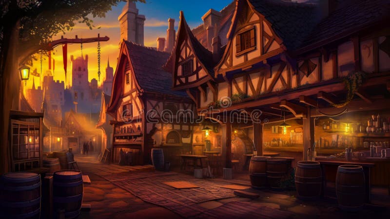 Painting of an Old Town at Night. Generative AI Stock Illustration ...