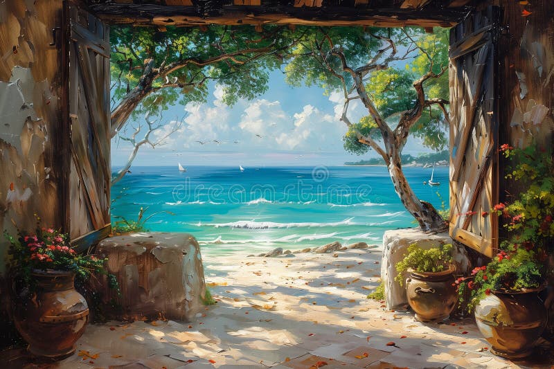 The Painting of an Open Gate Leading To the Beach. Stock Illustration ...