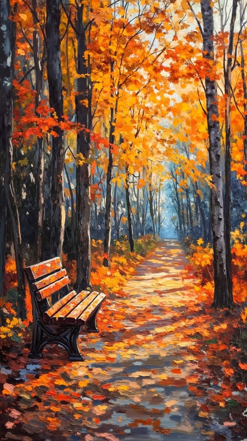 A Painting of a Park Bench in the Middle of a Forest Stock Photo ...