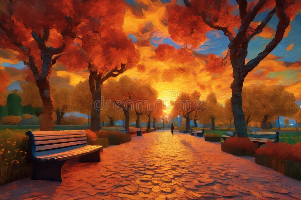 A Painting of a Park with a Bench and a Path Stock Image - Image of ...