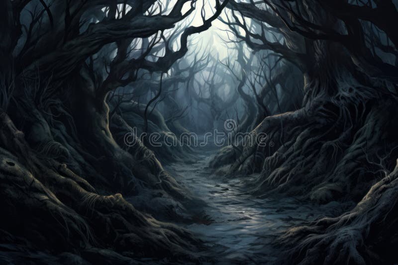 Painting of a Path in a Dark Forest Stock Illustration - Illustration ...