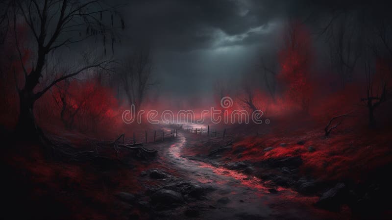 A Painting of a Path in a Dark Forest with Red Light Coming from the ...