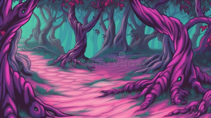 A Painting of a Path in a Forest with Purple Trees Stock Illustration ...