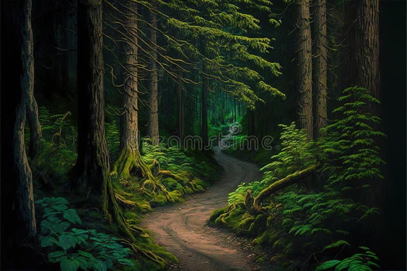 A Painting of a Path in a Forest with Trees and Ferns on Both Sides of ...