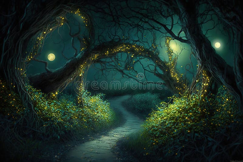 A Painting of a Path Leading To a Forest at Night Stock Illustration ...