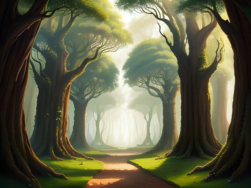 Painting of a Path in the Middle of a Forest, Magical Forest Backround ...