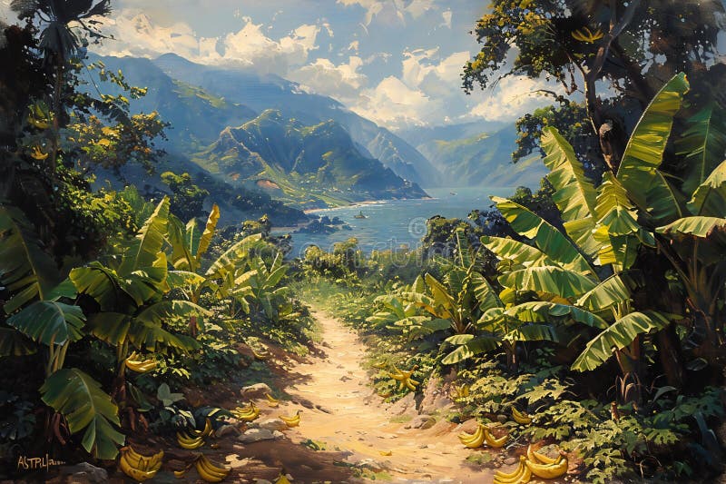 A Painting of a Path Next To Banana Trees, High Quality, High ...