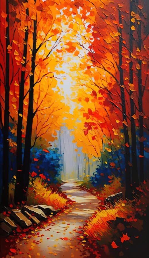 A Painting of a Path in the Woods with Trees and Leaves. Stock Photo ...