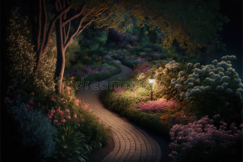 A Painting of a Pathway in a Park at Night with a Light on it and ...